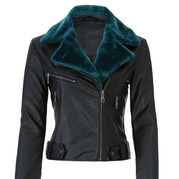 Vigoss | Jackets & Coats | Vigoss Faux Fur Leather Teal Moto Jacket ...